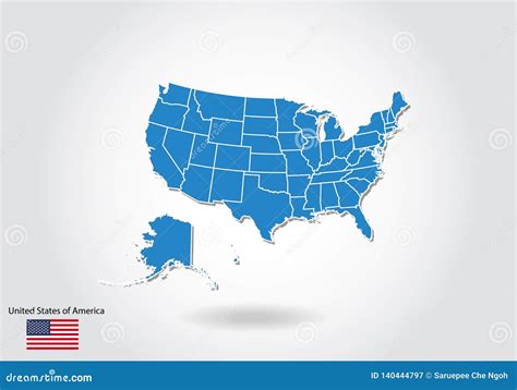 United States Map Design With 3d Style Blue Usa Map And National Flag Stock Vector