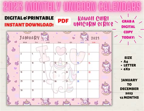 digital printable 2023 unicorn monthly calendar planner for etsy
