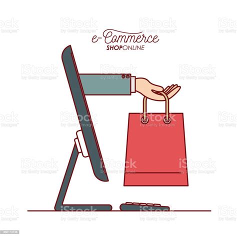 측면 보기 전자 상거래 온라인 쇼핑 흰색 배경에 쇼핑 가방을 들고 손으로 데스크톱 컴퓨터 가격에 대한 스톡 벡터 아트 및 기타