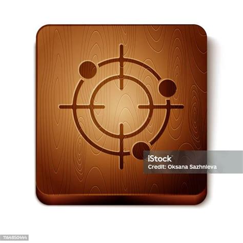 흰색 배경에 고립 된 슈팅 대회 아이콘을위한 갈색 대상 스포츠 사격 장이나 권총 사격을 위한 숫자로 대상을 청소하세요 나무 사각형 버튼입니다 벡터 일러스트레이션 개념에 대한