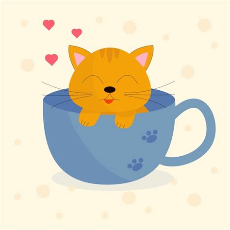 Premium Vector Funny Cute Brown Cat Sits In A Cup Flat Design Postcard