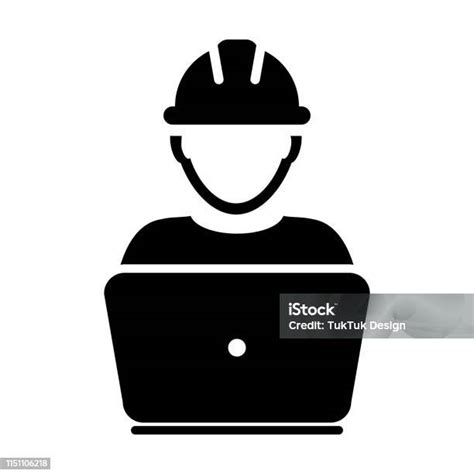계약자 아이콘 벡터 남성 건설 서비스 노동자 사람 프로필 아바타 노트북 및 하드 모자 헬멧 글리프 그림에 건설업자에 대한 스톡