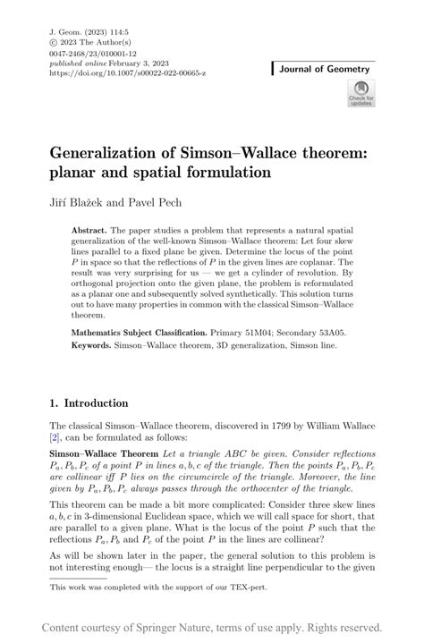 Pdf Generalization Of Simson Wallace Theorem Planar And Spatial Formulation