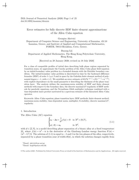 PDF Error Estimates For Fully Discrete BDF Finite Element Approximations Of The Allen Cahn