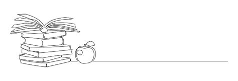스택 북과 열린 노트의 연속 선화 1 페이지 간단한 선형 스타일의 학교 도서관 기호입니다 편집 가능한 획으로 개념을 읽고 씁니다 윤곽선 벡터 그림 검사 보기에 대한 스톡