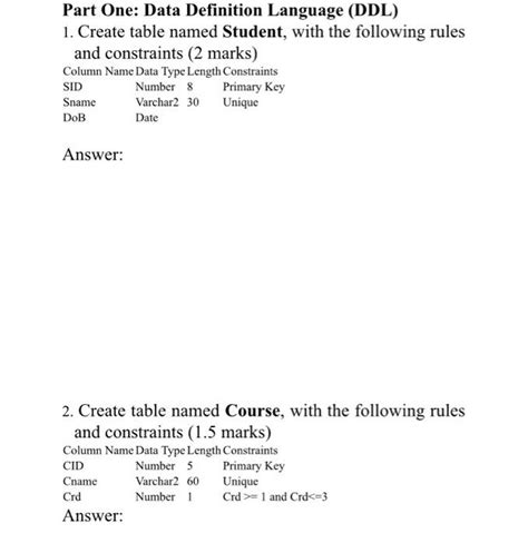 Solved Part One Data Definition Language Ddl 1 Create