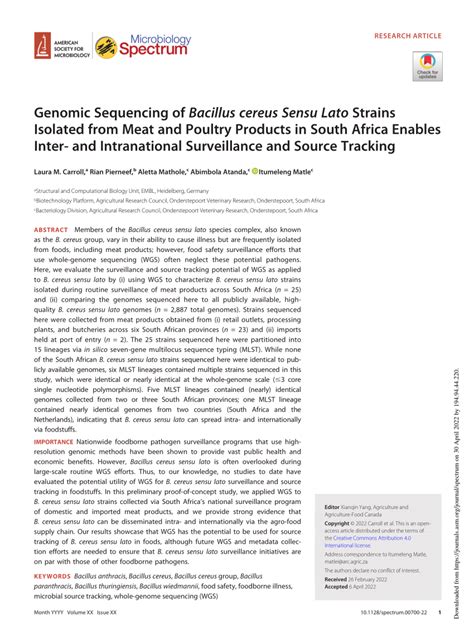 Pdf Genomic Sequencing Of Bacillus Cereus Sensu Lato Strains Isolated From Meat And Poultry