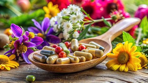 Rustic Wooden Spoon Filled With Herbal Supplements Flowers A Visual