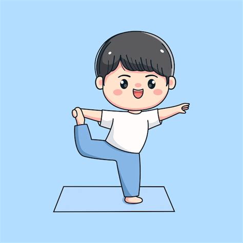 요가를 하는 귀여운 소년 캐릭터 프리미엄 벡터