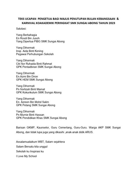 Teks Ucapan Majlis Penutupan Bulan Kebangsaan Peringkat Sekolah Pdf
