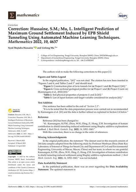 Pdf Correction Hussaine S M Mu L Intelligent Prediction Of Maximum Ground Settlement