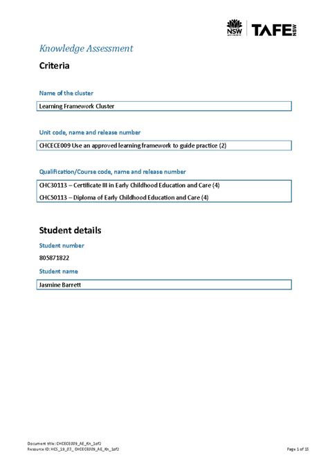 Learning Framework Assesment 1 Knowledge Assessment Criteria Name Of