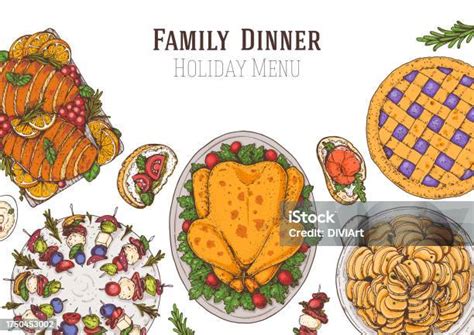 추수 감사절 음식 가족 저녁 식사 휴일 메뉴 음식 디자인 템플릿입니다 음식과 음료 세트 손으로 그린 디자인 템플릿입니다 닭고기에 대한 스톡 벡터 아트 및 기타 이미지