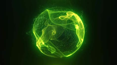 Abstract Green Looped Energy Sphere Of Particles And Waves Of Magical Glowing On A Dark
