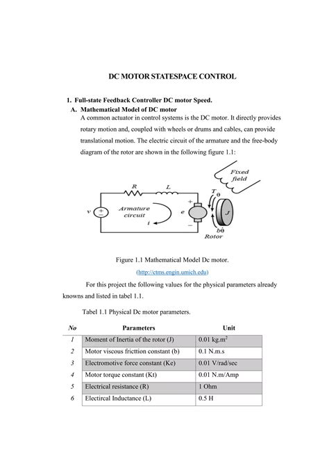 Dc Motor Modelling And Design Fullstate Feedback Controller Pdf Physics Science