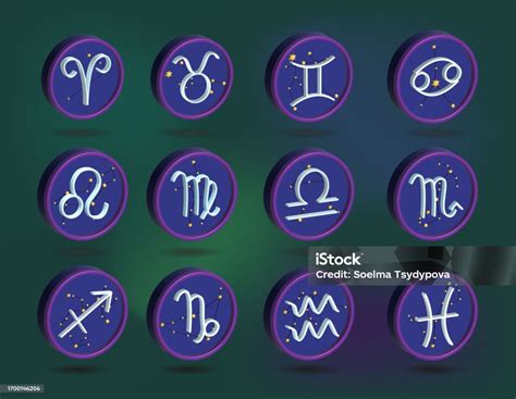 3d 조디악 표지판 아이콘 둥근 파란색 모양의 점성술 표지판 각 조디악 표지판의 배경에 별자리가 있습니다 점성가와 달력을 위한 체적 기호 0명에 대한 스톡 사진 및 기타