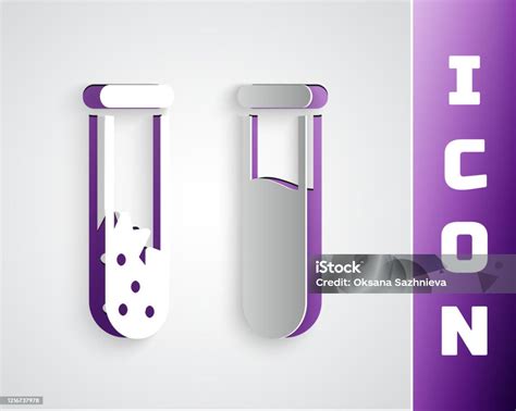 종이 절단 테스트 튜브 및 플라스크 회색 배경에 격리 된 화학 실험실 테스트 아이콘 실험실 유리 표지판 종이 아트 스타일입니다