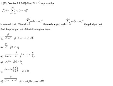 Solved PS Exercise Given zo E C f Σan Chegg com