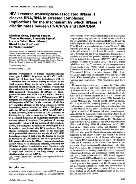 Pdf Hiv 1 Reverse Transcriptase Associated Rnase H Cleaves Rna Rna In Arrested Complexes