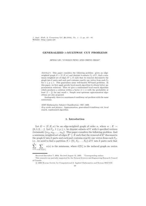 Pdf Generalized K Multiway Cut Problems