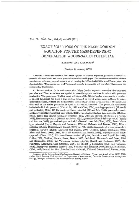 Pdf Exact Solutions Of The Klein Gordon Equation For The Mass
