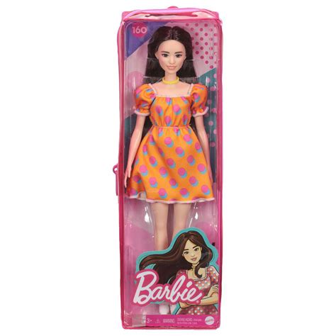 Mattel Barbie მოდური თოჯინა შავი თმით და ნარინჯისფერი კოპლებიანი კაბით Veli Store