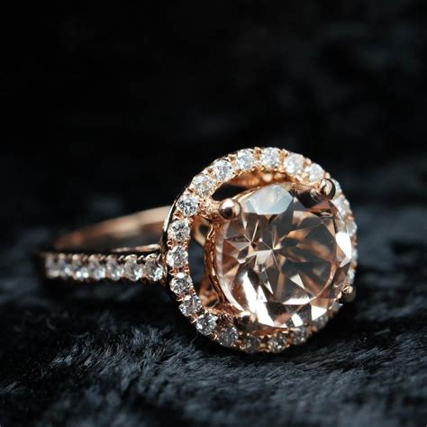 Round Morganite Diamond Halo Rose Gold Engagement Ring Morganite