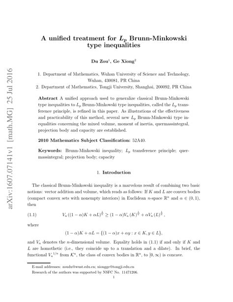 Pdf A Unified Treatment For Lp Brunn Minkowski Type Inequalities