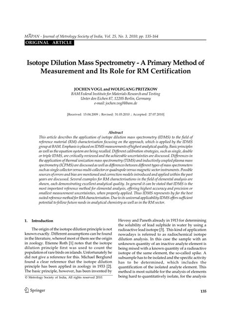 Pdf Isotope Dilution Mass Spectrometry A Primary Method Of Measurement And Its Role For Rm