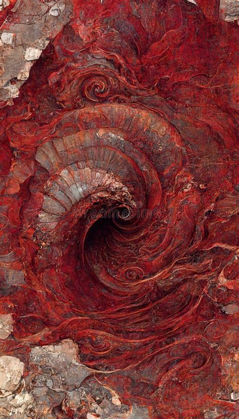 Fossilized Ammonite Sea Shell Spirals Embedded Into Dark Scarlet Red