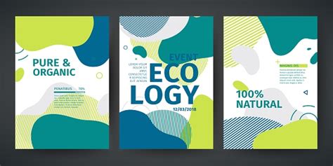 추상적 인 녹색 색상 기하학적 형태를 배경으로 현대 생태 커버의 템플릿 디자인 세트 오가닉 스타일 전단지 또는 브로셔용 레이아웃 액체 모양을 흐르는 추상적 인 배경 벡터