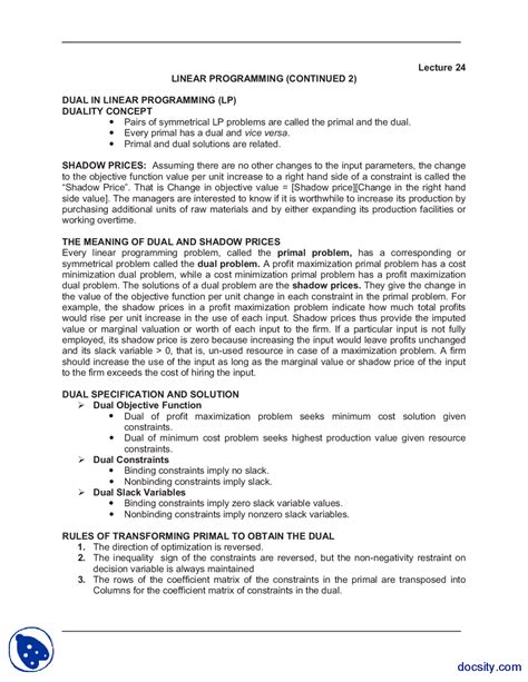 Linear Programming Continued 2 Managerial Economics Lecture Notes Docsity