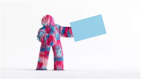 3d 렌더링 화려한 모피 예티 만화 캐릭터 재미 털이 많은 봉제 장난감은 흰색 배경에 고립 된 빈 카드 모형을 보유합니다 Bigfoot에 대한 스톡 사진 및 기타 이미지