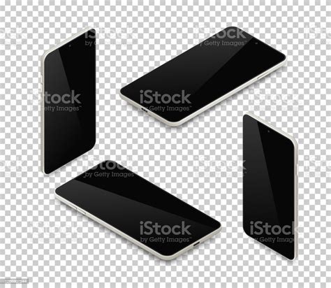 현실적인 등분성 스마트 폰 세트 투명 한 배경에 빈 검은 색 화면과 그림자 상단 보기와 3d 금속 회색 휴대 전화 웹 응용 프로그램 모형 앱 데모에 대한 벡터 일러스트레이션