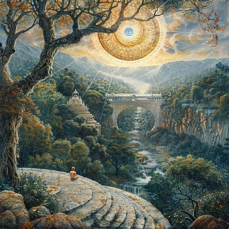 Premium Photo A Painting Of A Landscape With A Bridge And A Tree With A Man Sitting On It