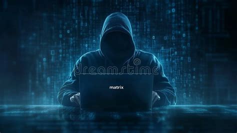 Hacker In Hoodie Using Laptop With Binary Code Background Stock