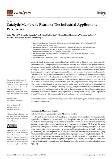 Pdf Catalytic Membrane Reactors The Industrial Applications Perspective