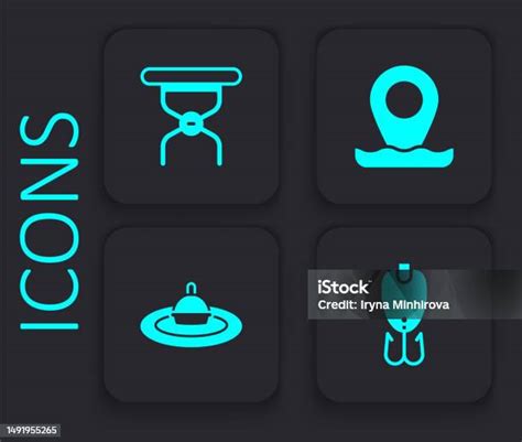 낚시 미끼 캠핑 접이식 의자 위치 낚시 및 플로트 물 아이콘을 설정합니다 검은색 사각형 버튼입니다 벡터 가구에 대한 스톡 벡터 아트 및 기타 이미지 Istock