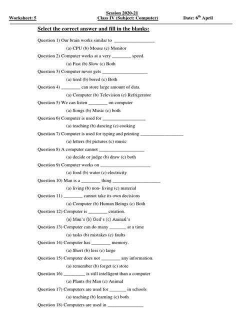 Class 4th Computer Worksheet 5 Pdf Computer Keyboard Inputoutput