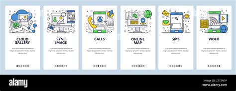 Vector Web Site Linear Art Onboarding Screens Template Mobile Phone Online Services Cloud Sync