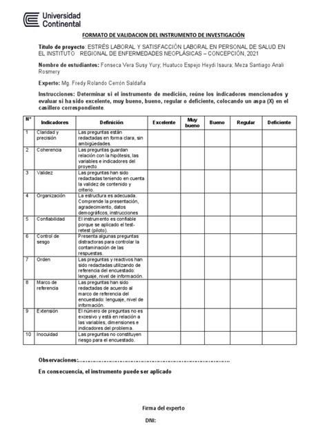 Formato De Validacion Del Instrumento De Investigacion Pdf Validez Estadísticas Sicología