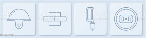 세트 라인 작업자 안전 헬멧 쇠톱 벽돌 및 전기 콘센트 흰색 정사각형 버튼 벡터 강철에 대한 스톡 벡터 아트 및 기타 이미지 강철 건설 산업 건축하기 Istock