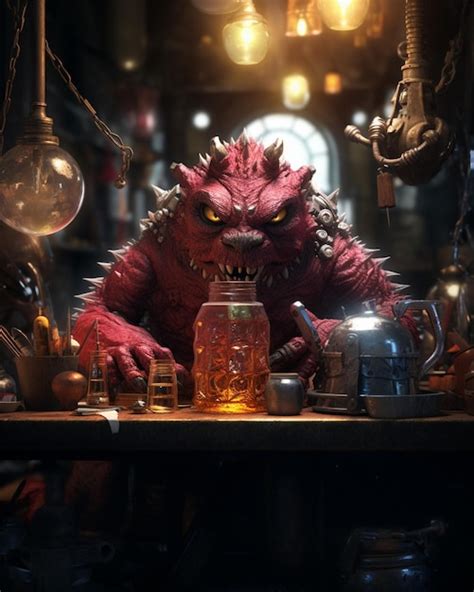Premium Ai Image There Is A Red Monster Sitting At A Table With A Mug
