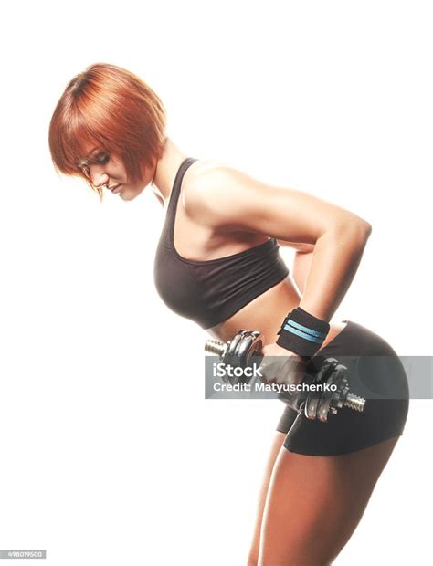 Sideview Of Redhead Fit Woman Doing Bentover Twoarm Dumbbell T Stock