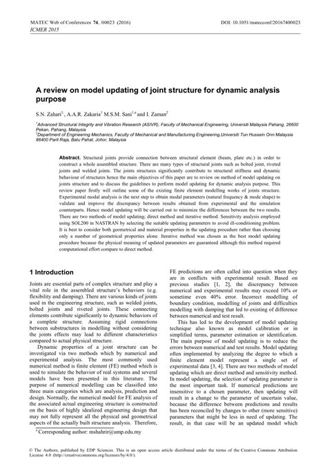 Pdf A Review On Model Updating Of Joint Structure For Dynamic Analysis Purpose