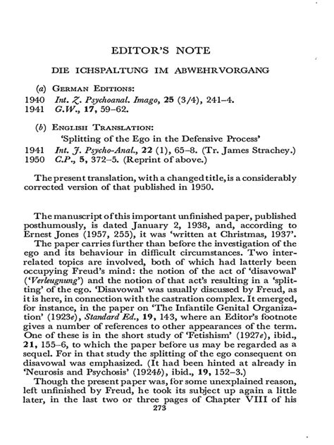 Freud Splitting Of The Ego In The Process Of Defence Se Xxiii Pdf