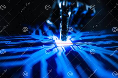 Digitalization Concept Futuristic Robot Arm Interacting With Screen Finger Touches Display And