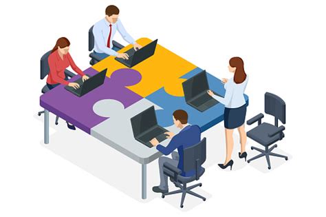 아이소 메트릭 비즈니스 퍼즐 팀워크와 파트너십 사업가들이 퍼즐 조각을 맞춘다 사업을 하고 있습니다 퍼즐 요소를 연결하는 사람들 개념에 대한 스톡 벡터 아트 및 기타 이미지