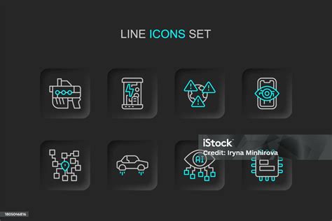 세트 라인 프로세서 Cpu 컴퓨터 비전 환상적인 비행 자동차 신경망 느낌표가 있는 지구 극저온 캡슐 및 미래 무기 아이콘 벡터 Cpu에 대한 스톡 벡터 아트 및 기타 이미지