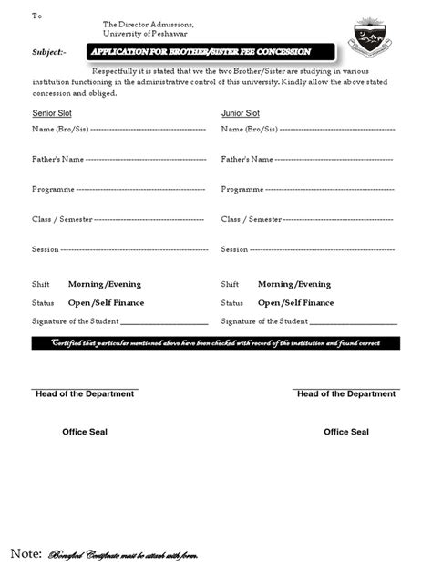 University Of Peshawar Sibling Concession Request Form Pdf